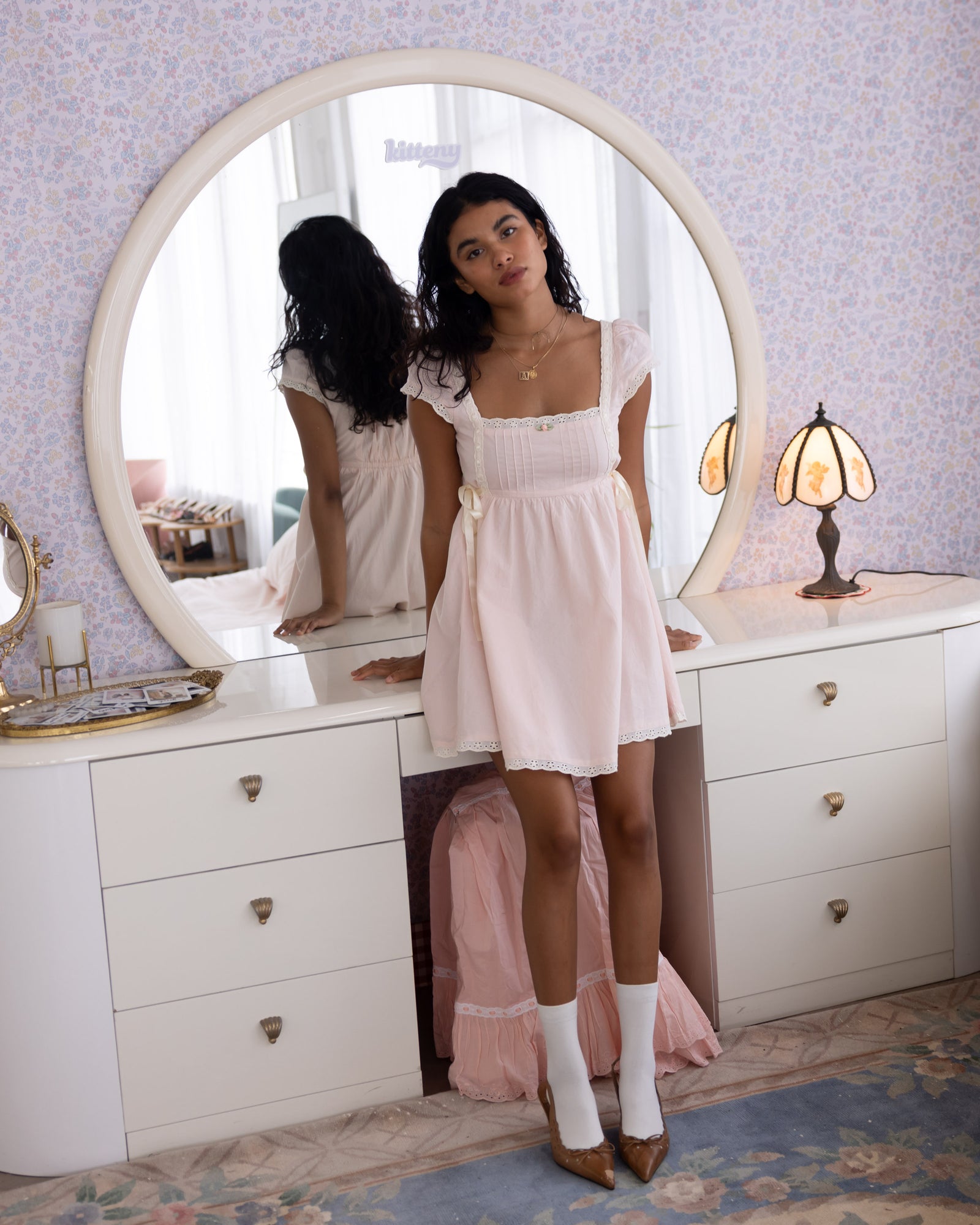 Light pink cotton mini dress, eyelet lace, vintage style - Cordelia ...